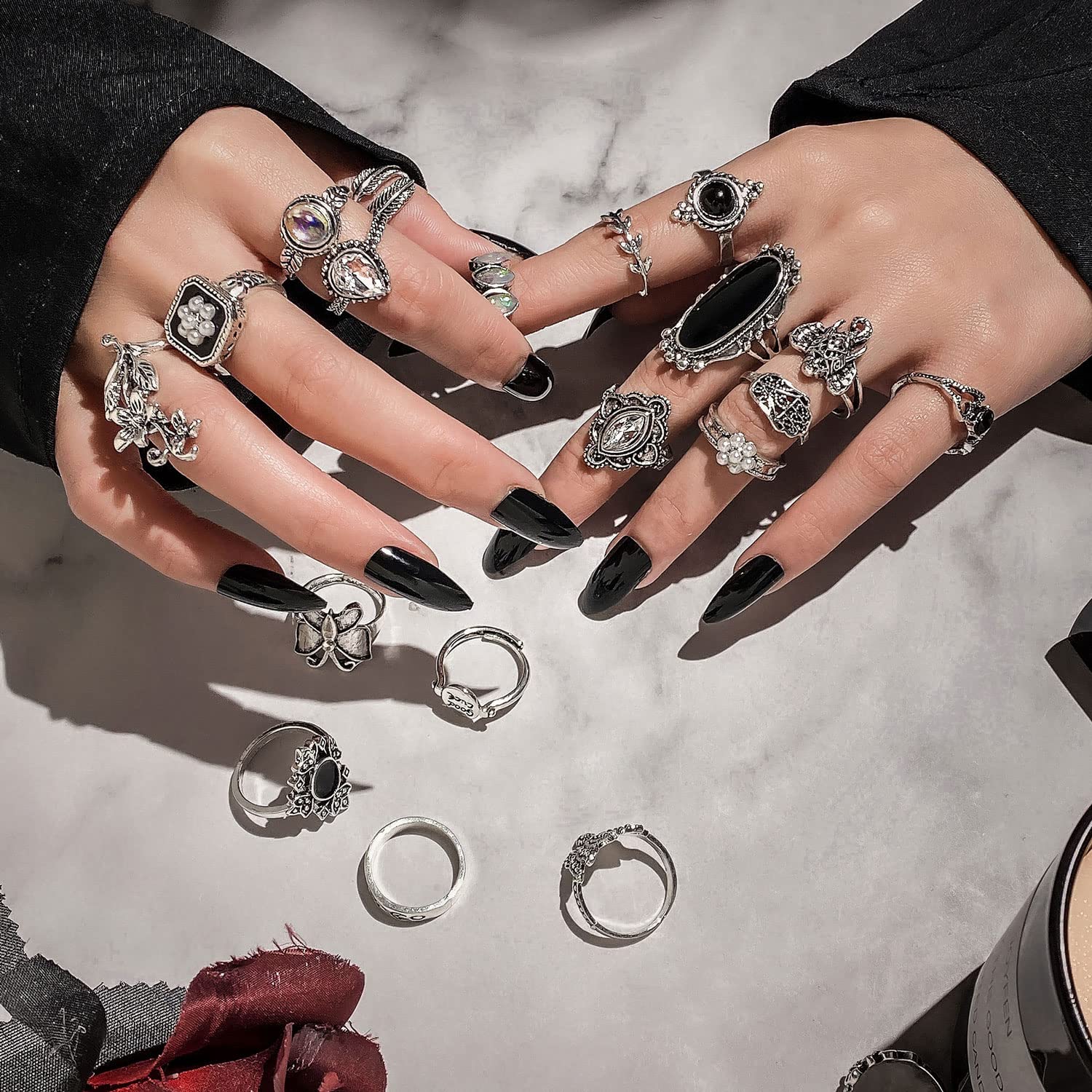 17IF 60 PCS Vintage Silver Goth Ring Set for Women Girl, Punk Boho Chunky Knuckle Stackable Finger Ring Pack Aesthetic Grunge Adjustable Retro Stone Opal Crystal Cat Snake Flower Gothic Rings