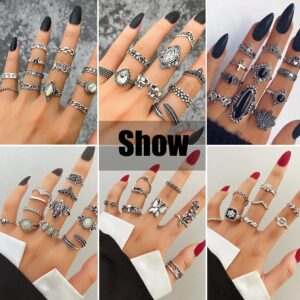 17IF 60 PCS Vintage Silver Goth Ring Set for Women Girl, Punk Boho Chunky Knuckle Stackable Finger Ring Pack Aesthetic Grunge Adjustable Retro Stone Opal Crystal Cat Snake Flower Gothic Rings