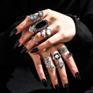 17IF 60 PCS Vintage Silver Goth Ring Set for Women Girl, Punk Boho Chunky Knuckle Stackable Finger Ring Pack Aesthetic Grunge Adjustable Retro Stone Opal Crystal Cat Snake Flower Gothic Rings