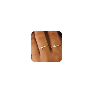 foxgirl cross gold rings for women, dainty trendy stackable ring set 14k gold plated thin cz cross finger rings for women non tarnish simple statement rings wedding bands gold jewelry size 5-10