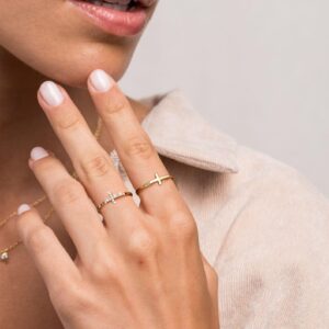 Foxgirl Cross Gold Rings for Women, Dainty Trendy Stackable Ring Set 14k Gold Plated Thin Cz Cross Finger Rings for Women Non Tarnish Simple Statement Rings Wedding Bands Gold Jewelry Size 5-10