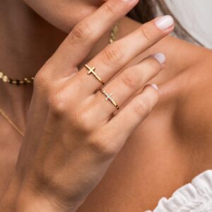 Foxgirl Cross Gold Rings for Women, Dainty Trendy Stackable Ring Set 14k Gold Plated Thin Cz Cross Finger Rings for Women Non Tarnish Simple Statement Rings Wedding Bands Gold Jewelry Size 5-10