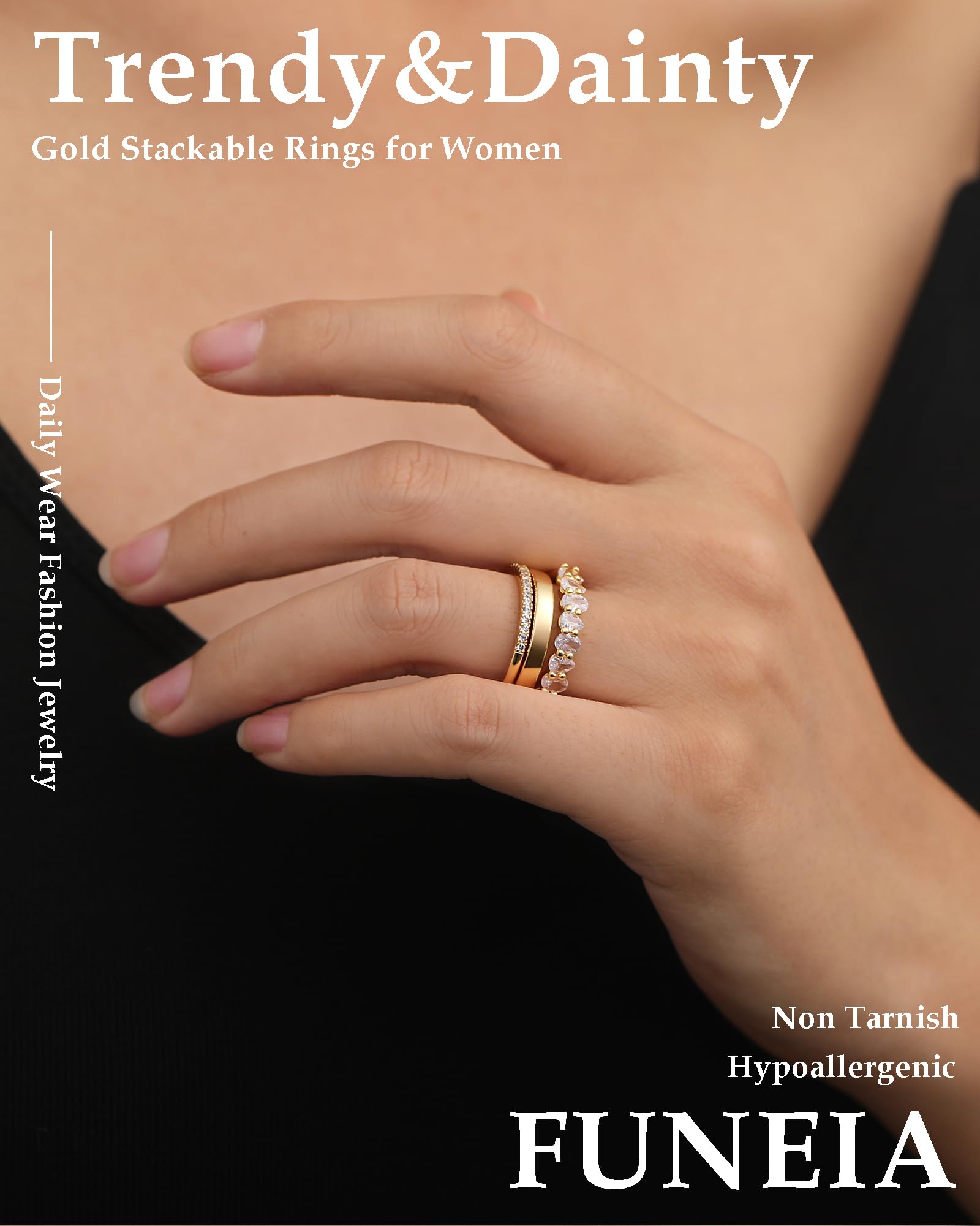 FUNEIA Stackable Gold Rings for Women Non Tarnish Trendy Dainty 14K Gold Plated Stacking Cubic Zirconia Thumb Ring Set Pack Statement Chunky Band Rings Promise Engagement Rings Size 7 8 9 10 11