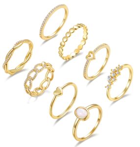 plomfov 14k gold/silver plate stacking rings set for women cz heart simple cute stackable rings dainty trendy gold statement rings plain band size 4-11 gold 7