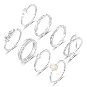 rlmoon 8pcs silver rings for women non-tarnish dainty silver ring set trendy criss cross simulated diamond ring eternity stackable ring size 7