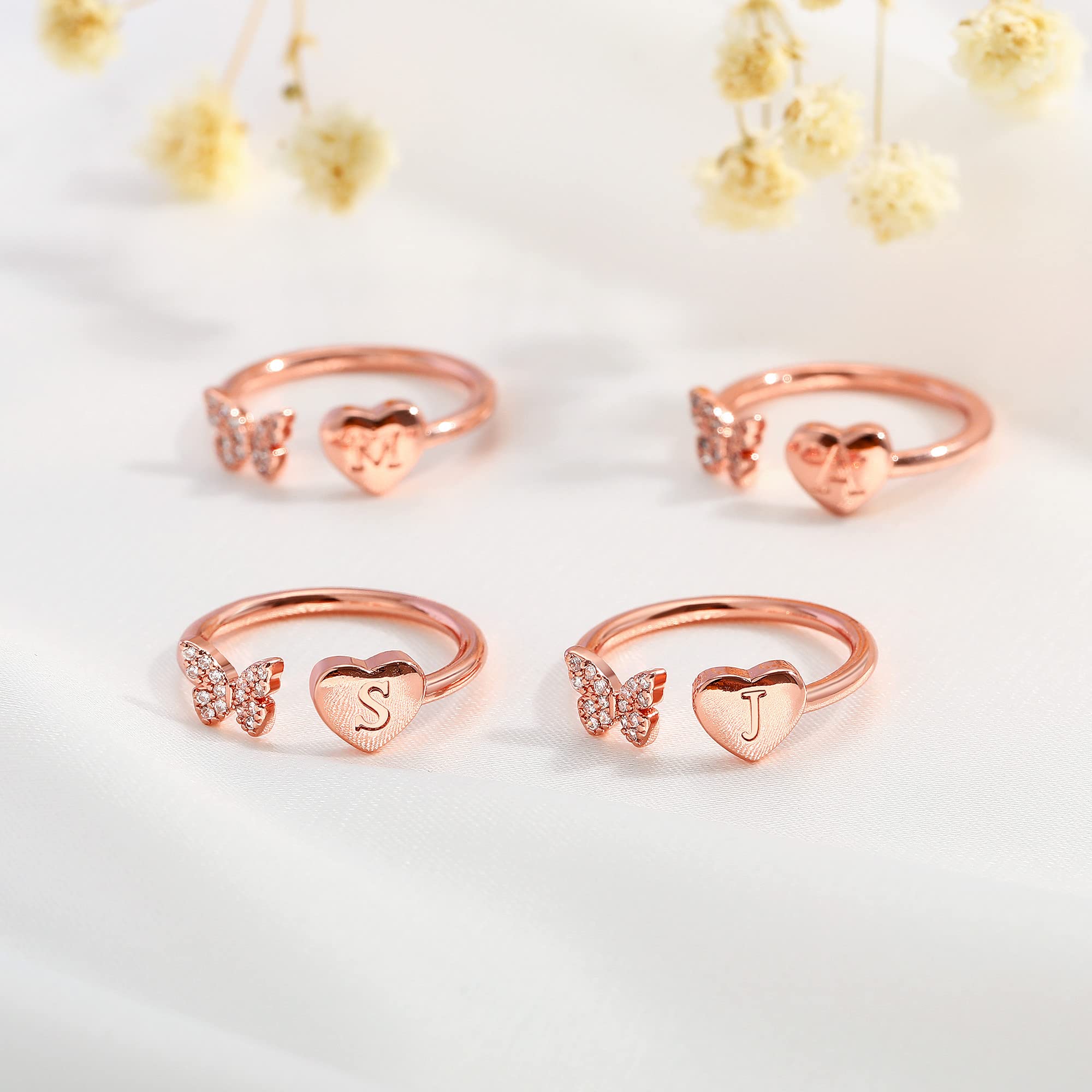 GLISHIVER Initial Rings for Women Teen Girls, Rose Gold Plated Butterfly Capital Letter Initial Rings for Women Teens Girls Letter Rings Alphabet Rings for Girls Teen Girls (K)