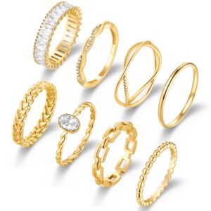 pnyfil 8pcs emerald cut eternity stackable 14k gold rings for women - baguette ring, dainty rings for women, non-tarnish gold rings, stackable rings for women & fashion rings set