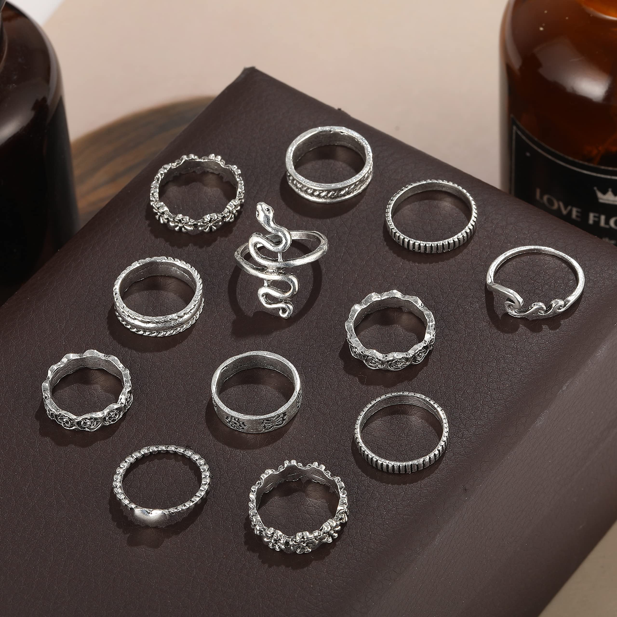 Gothic Stackable Rings Set for Men, Women - Silver, Vintage, Punk, Boho, Chunky, Adjustable