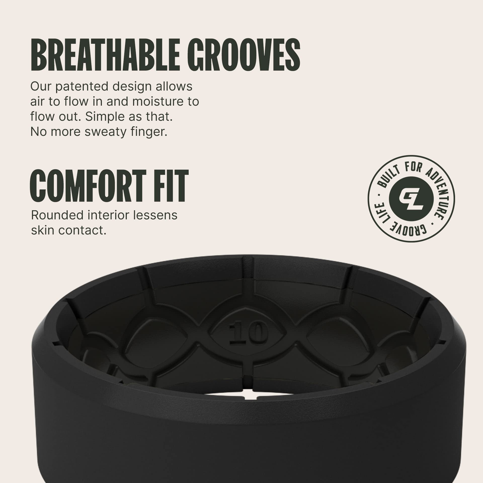 Groove Life Zeus Edge Midnight Black Silicone Ring Breathable Rubber Wedding Rings for Men, Lifetime Coverage, Unique Design, Comfort Fit Ring - Size 10