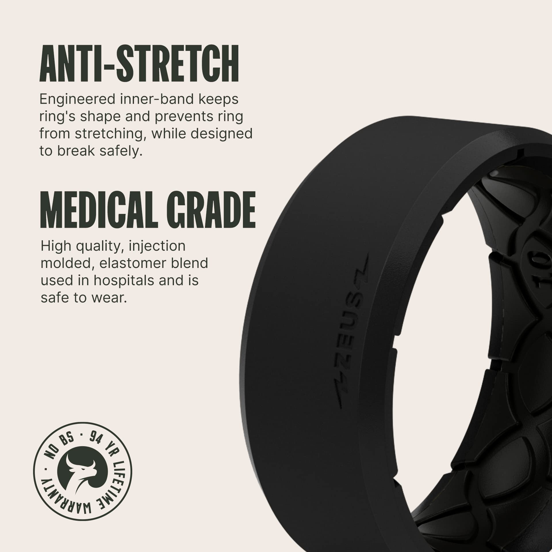 Groove Life Zeus Edge Midnight Black Silicone Ring Breathable Rubber Wedding Rings for Men, Lifetime Coverage, Unique Design, Comfort Fit Ring - Size 10