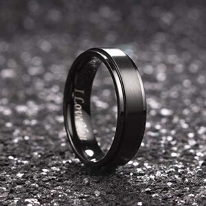 King Will Men 6mm Black Matte Brushed Stainless Steel Ring Stepped Beveled Edge Laser Etched I Love You 9.5