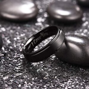 King Will Men 6mm Black Matte Brushed Stainless Steel Ring Stepped Beveled Edge Laser Etched I Love You 9.5