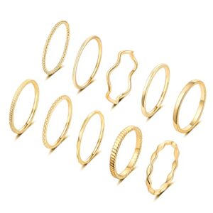 wfyou 10 pcs 1-2mm 18k gold plated simple rings for women band knuckle stacking midi rings elegant classic minimalist rings comfort fit