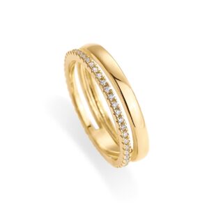 pavoi 18k yellow gold plated cubic zirconia dual stacking rings for women | gold eternity band for women | thumb ring | size 8