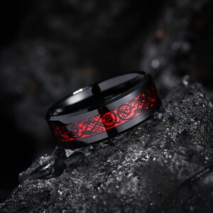 King Will Men's 8mm Red Carbon Fiber Black Celtic Dragon Tungsten Carbide Ring Comfort Fit Wedding Band (10.5)