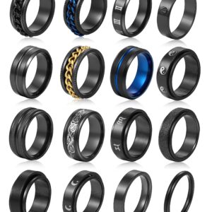 Black Stainless Steel Rings for Men, Fashion Wedding Promise Male Band Rings Set, Simple Cool Spinner Anxiety Rings Pack for Men Women Size 6-11. (1-16 Pcs Black, 9)