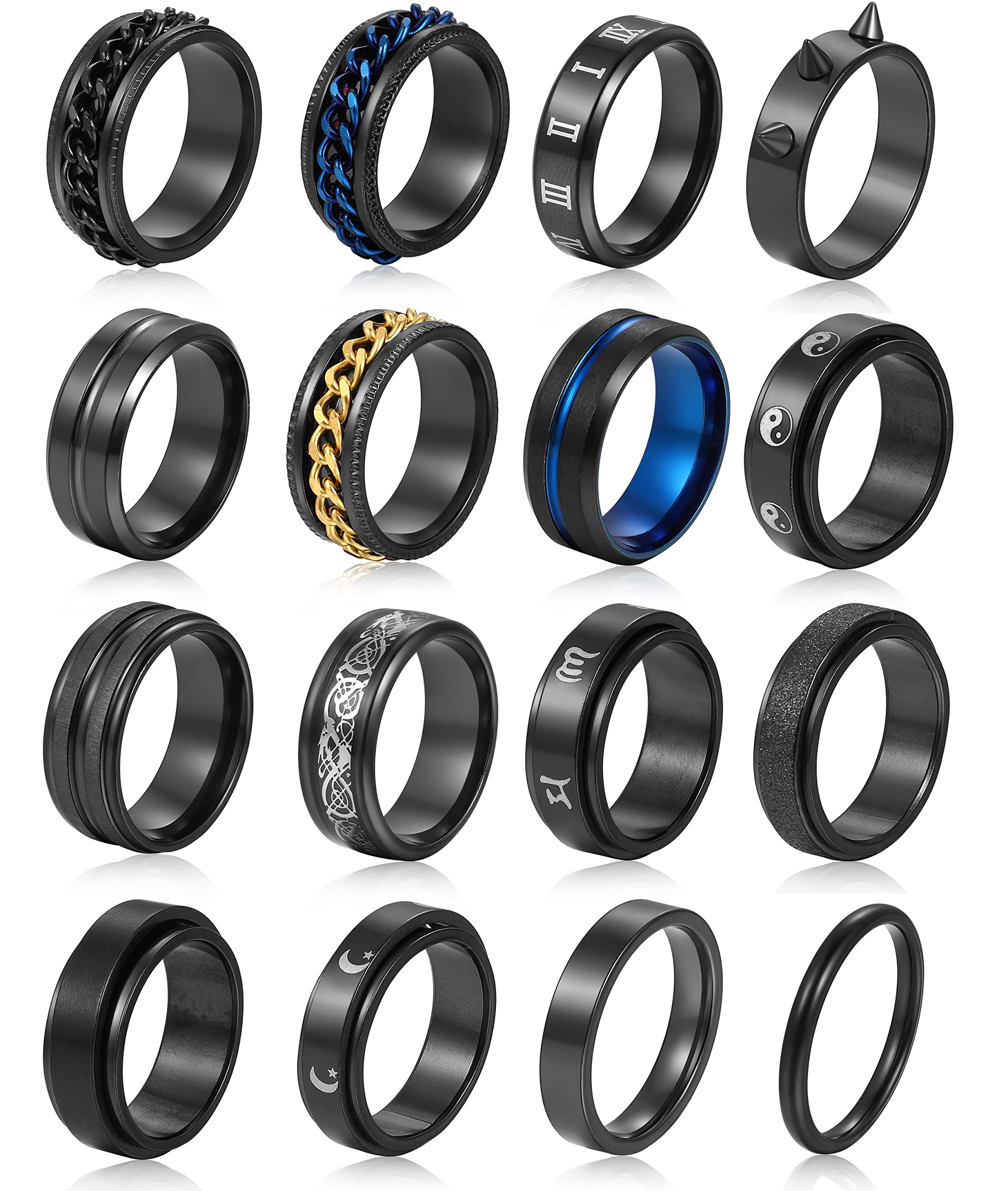 Black Stainless Steel Rings for Men, Fashion Wedding Promise Male Band Rings Set, Simple Cool Spinner Anxiety Rings Pack for Men Women Size 6-11. (1-16 Pcs Black, 9)