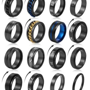 Black Stainless Steel Rings for Men, Fashion Wedding Promise Male Band Rings Set, Simple Cool Spinner Anxiety Rings Pack for Men Women Size 6-11. (1-16 Pcs Black, 9)