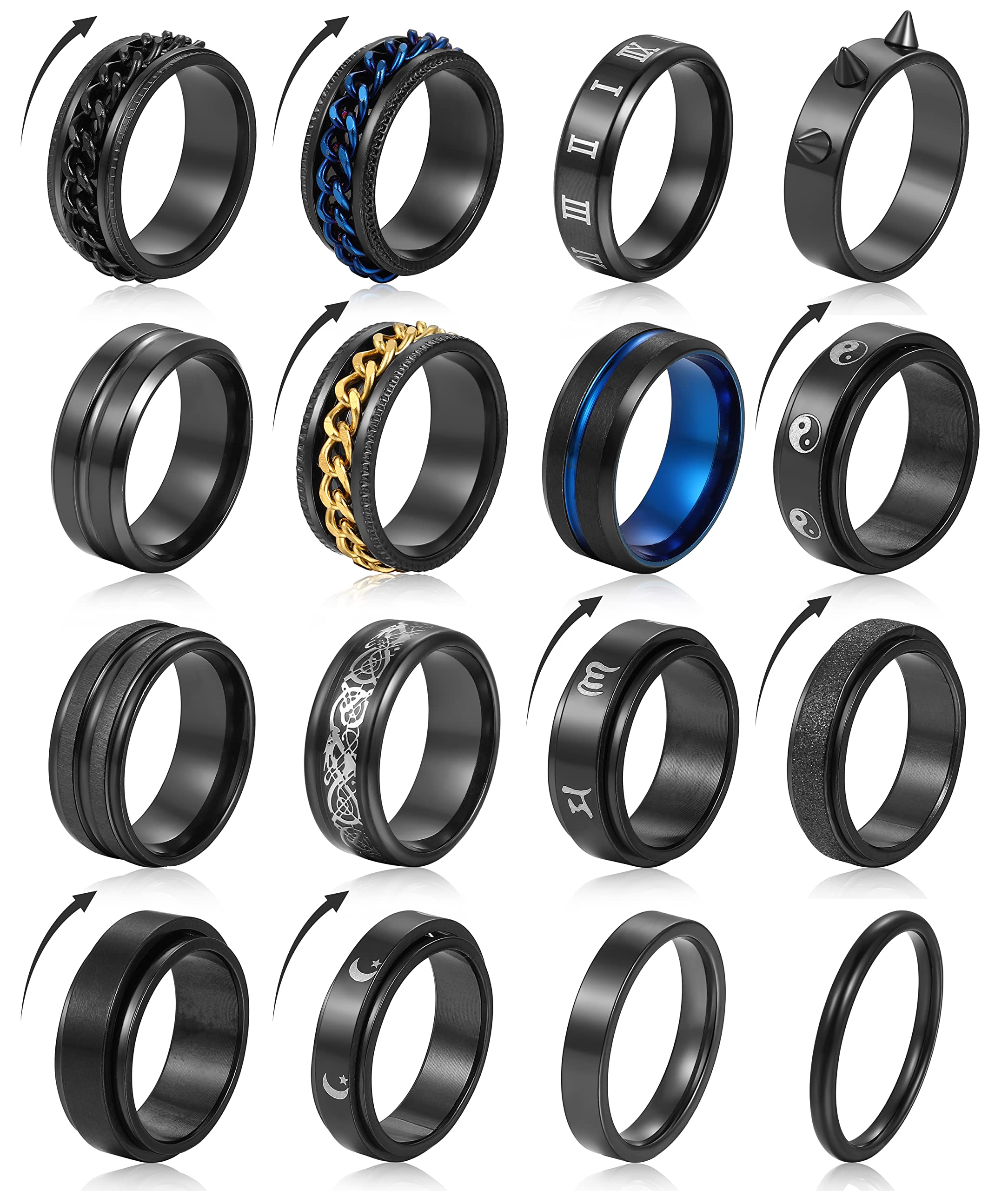 Black Stainless Steel Rings for Men, Fashion Wedding Promise Male Band Rings Set, Simple Cool Spinner Anxiety Rings Pack for Men Women Size 6-11. (1-16 Pcs Black, 9)