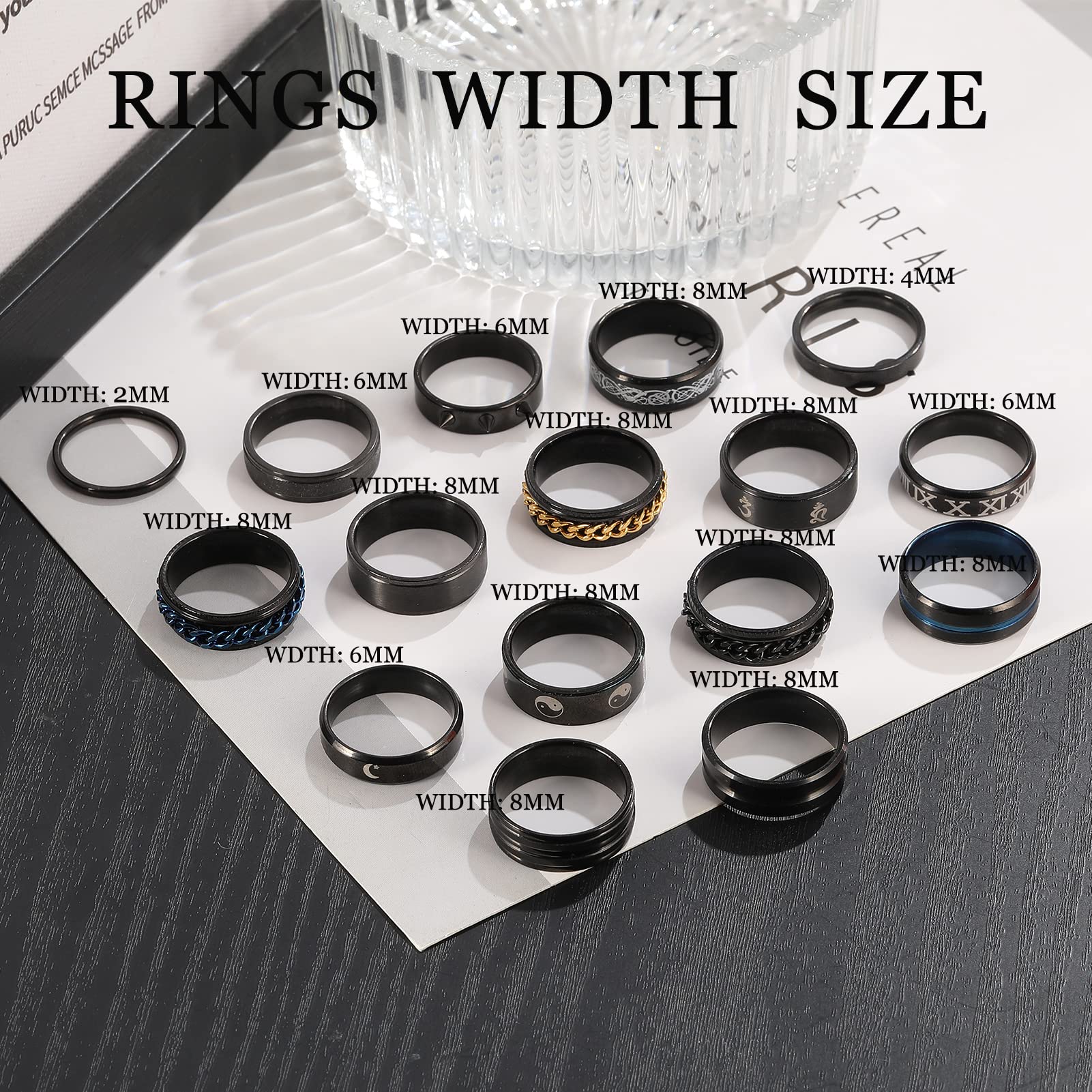 Black Stainless Steel Rings for Men, Fashion Wedding Promise Male Band Rings Set, Simple Cool Spinner Anxiety Rings Pack for Men Women Size 6-11. (1-16 Pcs Black, 9)