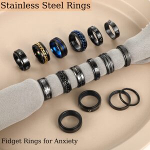 Black Stainless Steel Rings for Men, Fashion Wedding Promise Male Band Rings Set, Simple Cool Spinner Anxiety Rings Pack for Men Women Size 6-11. (1-16 Pcs Black, 9)