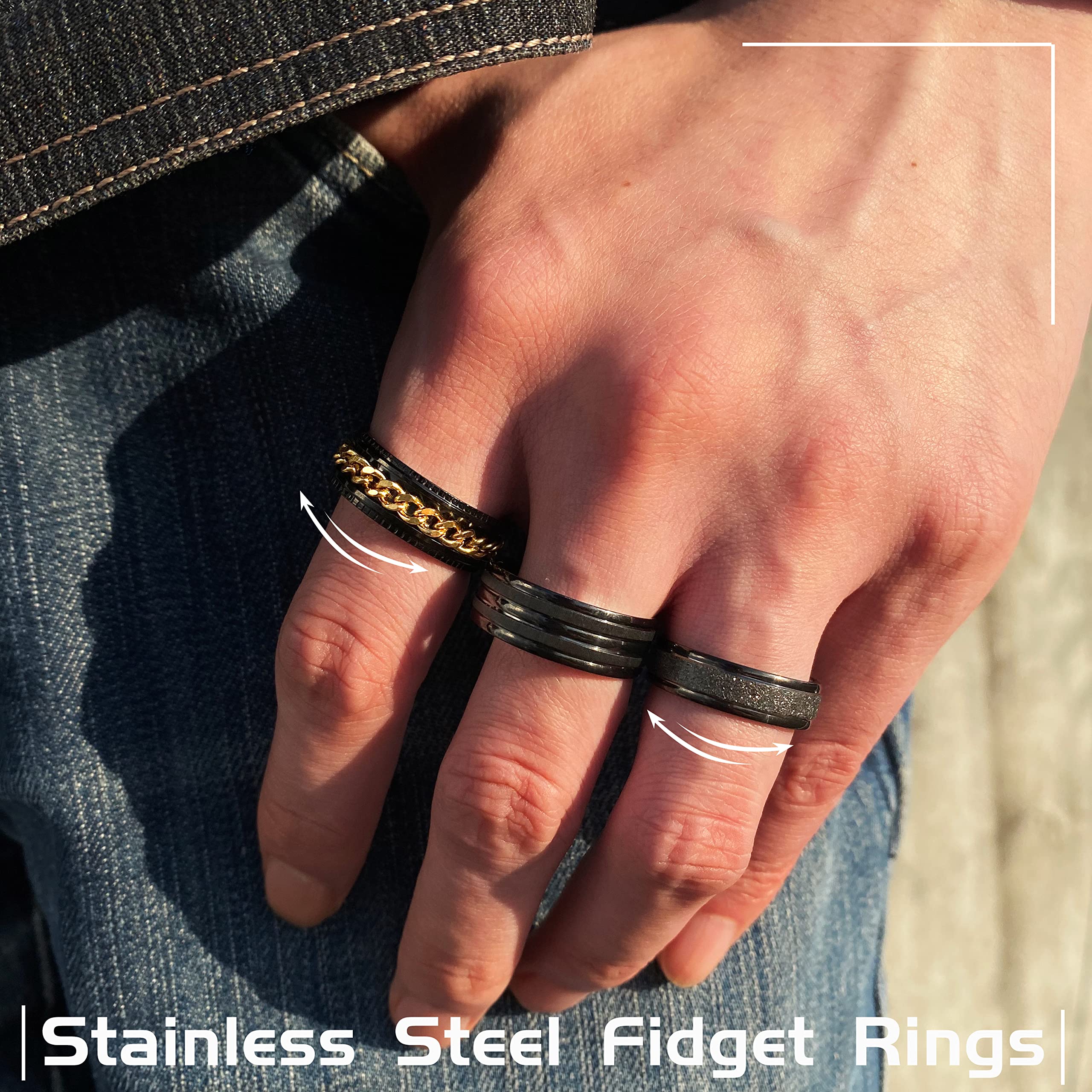 Black Stainless Steel Rings for Men, Fashion Wedding Promise Male Band Rings Set, Simple Cool Spinner Anxiety Rings Pack for Men Women Size 6-11. (1-16 Pcs Black, 9)