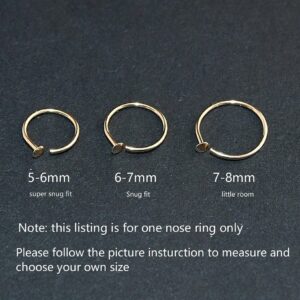 14k Gold Nose Rings Hoops for Women, 22 Gauge 6mm - 7mm Adjustable Nose Piercing Jewelry, Small Thin Gold Filled Snug Nose Hoop Ring 22G