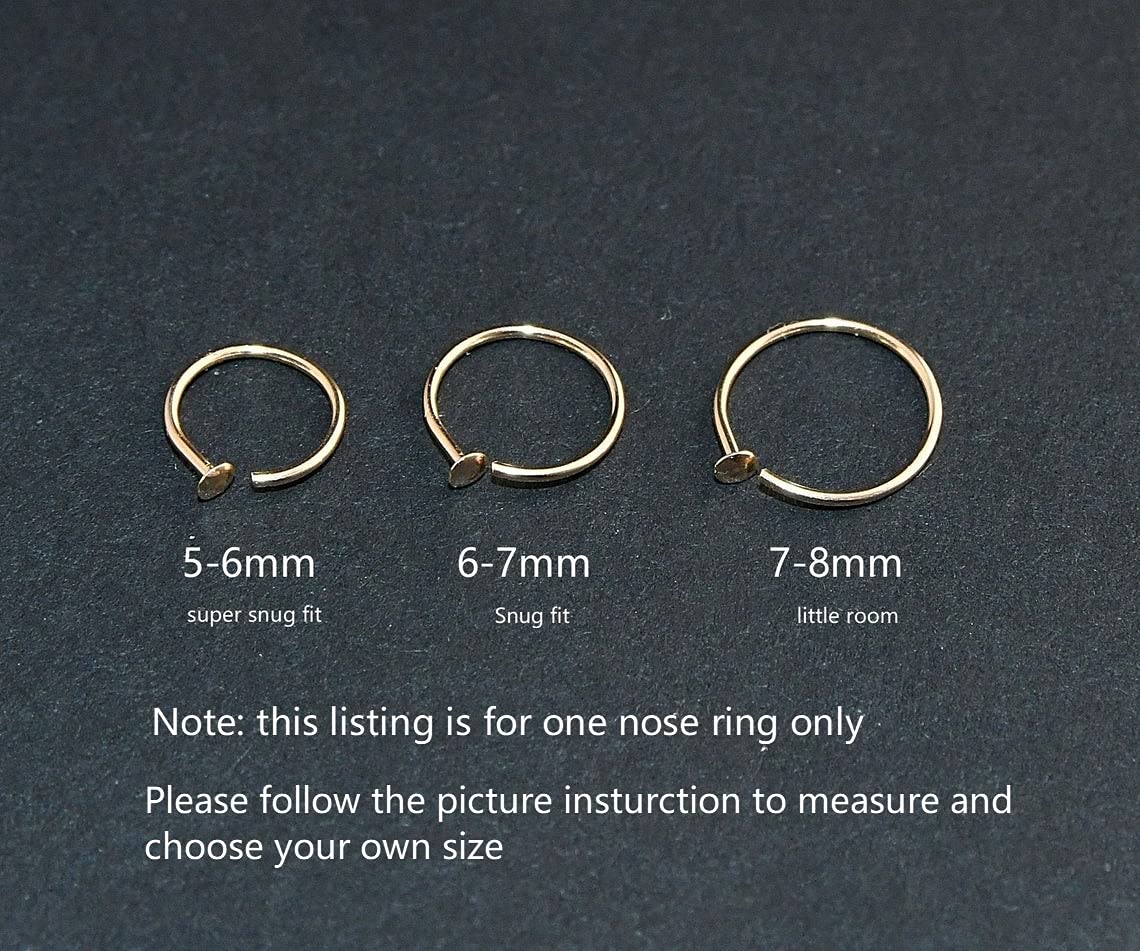 14k Gold Nose Rings Hoops for Women, 22 Gauge 6mm - 7mm Adjustable Nose Piercing Jewelry, Small Thin Gold Filled Snug Nose Hoop Ring 22G