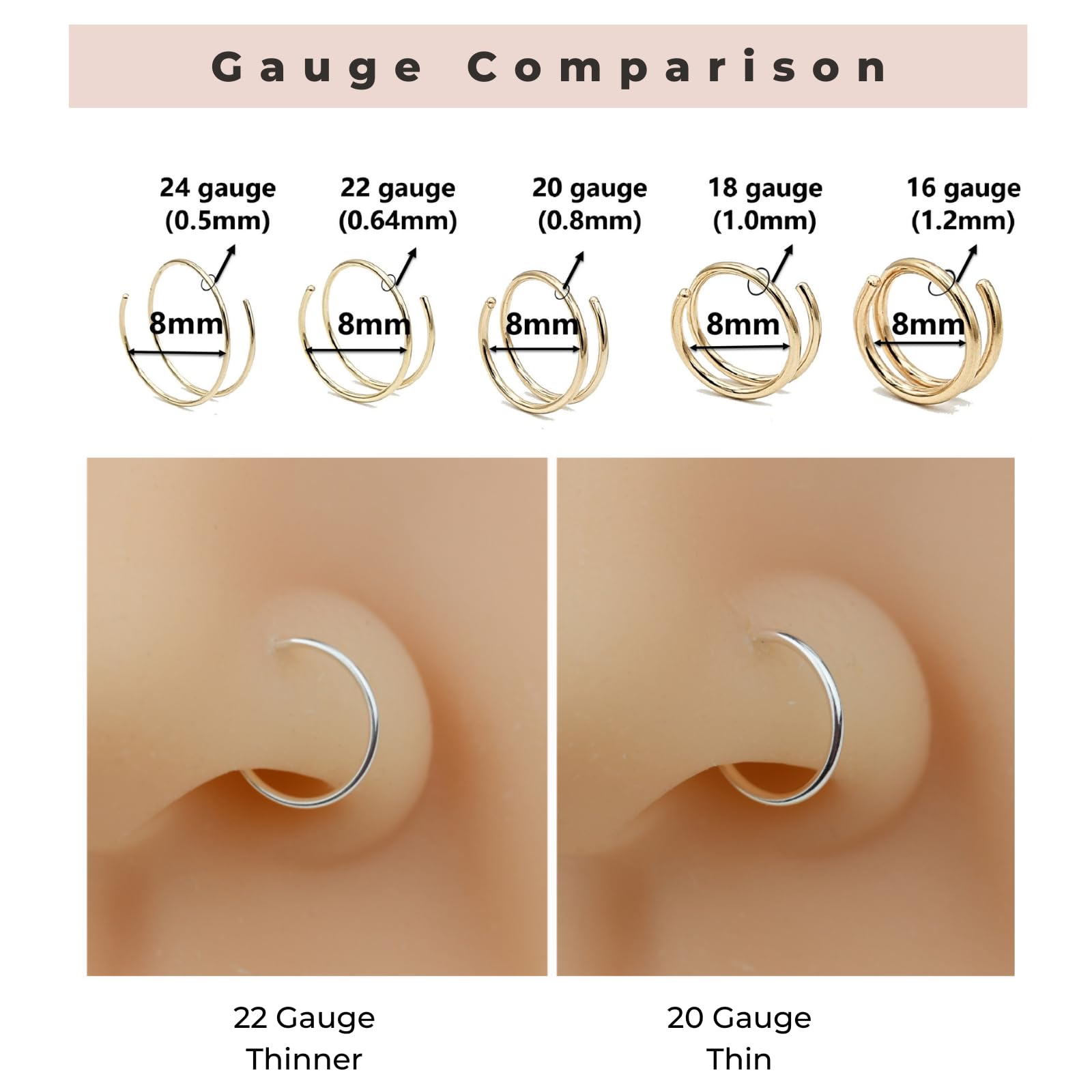 Double Nose Ring Hoop for Single Piercing, 14k Gold Filled or Sterling Silver Spiral Twist Nose Hoop for Women Girls (Silver -20g, Left Side-8mm)