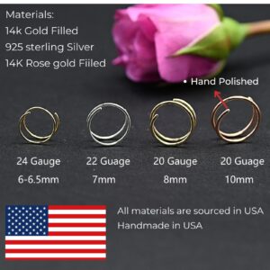 Double Nose Ring Hoop for Single Piercing, 14k Gold Filled or Sterling Silver Spiral Twist Nose Hoop for Women Girls (Silver -20g, Left Side-8mm)