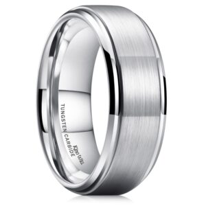 king will basic men's tungsten carbide ring 8mm polished beveled edge matte brushed finish center wedding band(9.5)