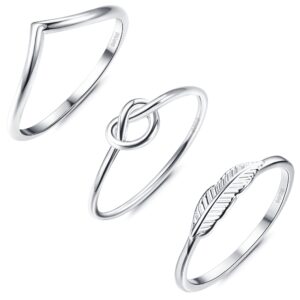 milacolato 925 sterling silver rings set for women | 18k white gold plated wishbone love knot feather stackable rings | tarnish resistant stacking thumb rings comfort fit size 8