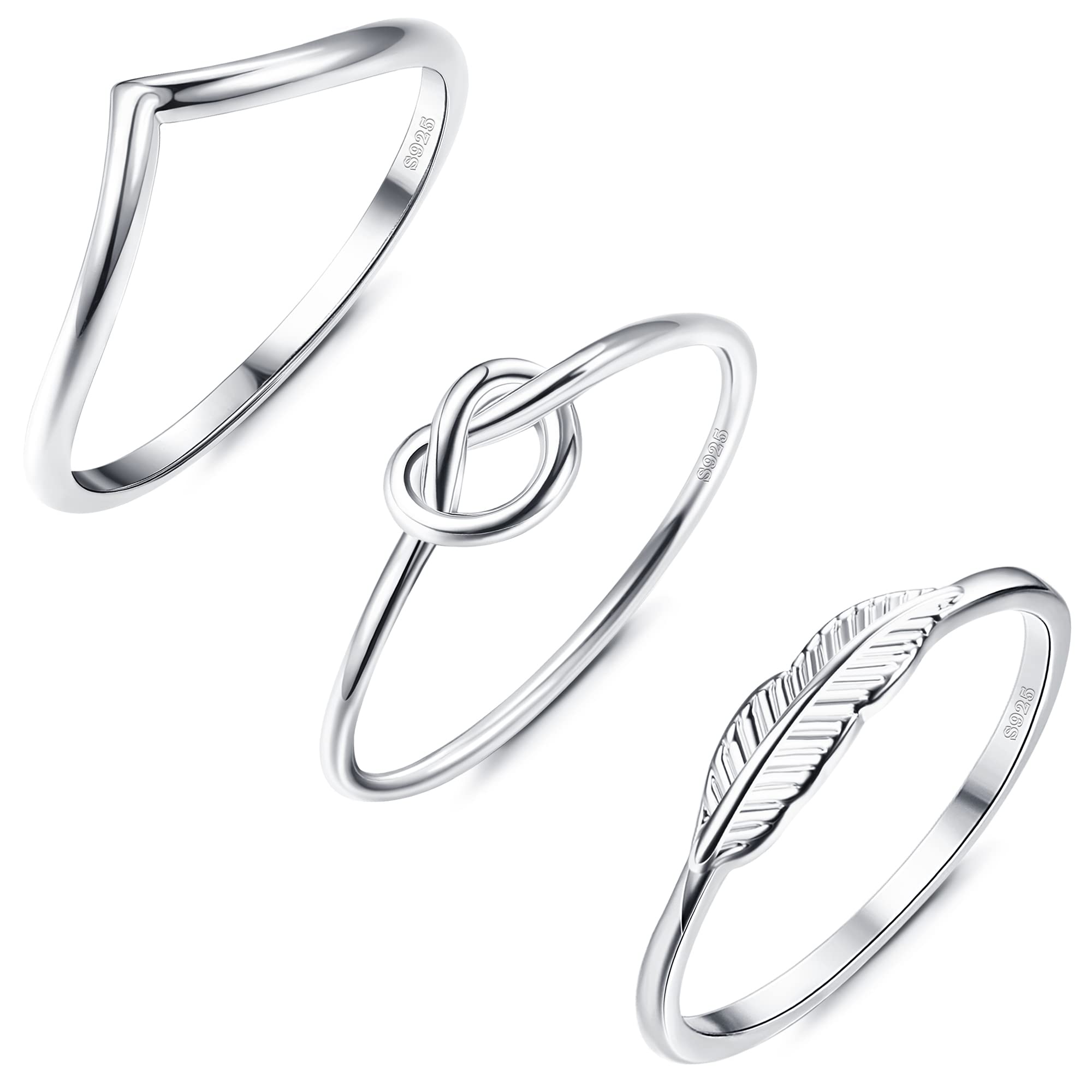 MILACOLATO 925 Sterling Silver Rings Set for Women | 18K White Gold Plated Wishbone Love Knot Feather Stackable Rings | Tarnish Resistant Stacking Thumb Rings Comfort Fit Size 8