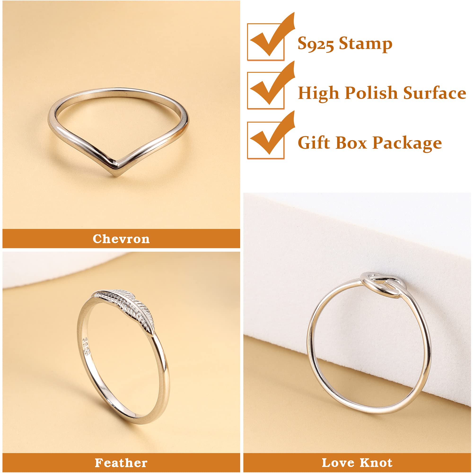 MILACOLATO 925 Sterling Silver Rings Set for Women | 18K White Gold Plated Wishbone Love Knot Feather Stackable Rings | Tarnish Resistant Stacking Thumb Rings Comfort Fit Size 8