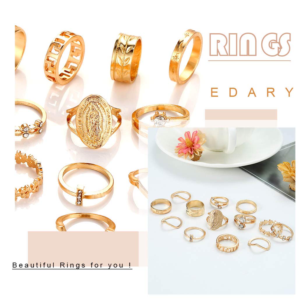 Edary Vintage Ring Set Carved Knuckle Rings Crystal Rings Set Gold Stackable Rings Midi Rings Finger Jewelry for Women(13PCS)