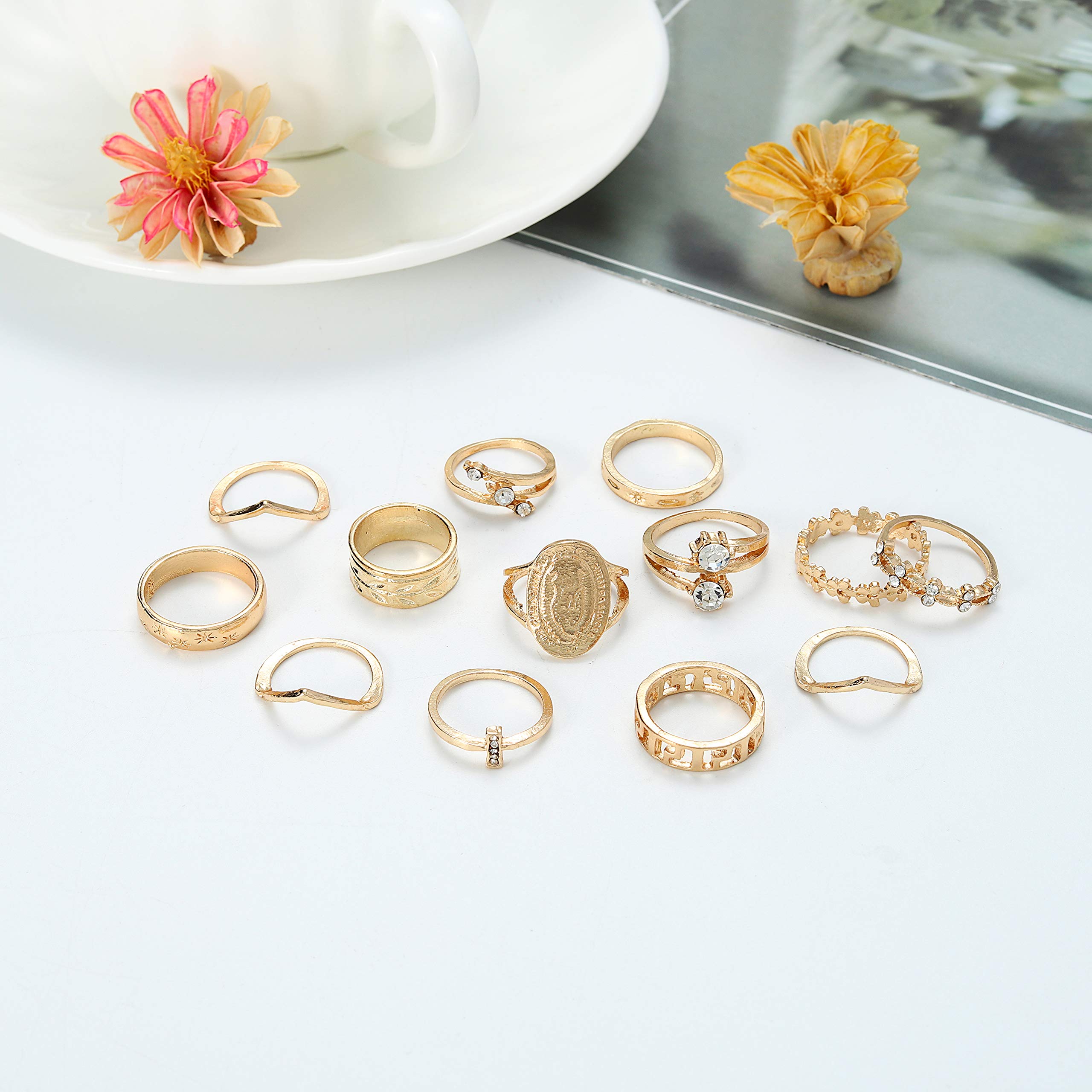 Edary Vintage Ring Set Carved Knuckle Rings Crystal Rings Set Gold Stackable Rings Midi Rings Finger Jewelry for Women(13PCS)