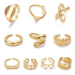 moroya 10pcs gold dome chunky rings for women 18k gold plated braided twisted round signet rings adjustable open ring band statement jewelry size 7-9