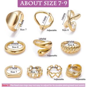 MOROYA 10PCS Gold Dome Chunky Rings for Women 18K Gold Plated Braided Twisted Round Signet Rings Adjustable Open Ring Band Statement Jewelry Size 7-9