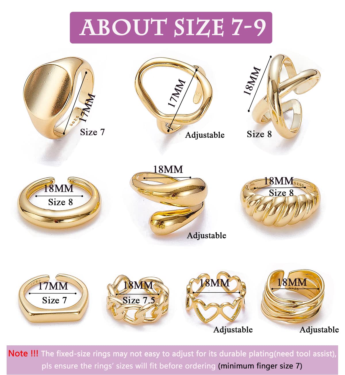 MOROYA 10PCS Gold Dome Chunky Rings for Women 18K Gold Plated Braided Twisted Round Signet Rings Adjustable Open Ring Band Statement Jewelry Size 7-9