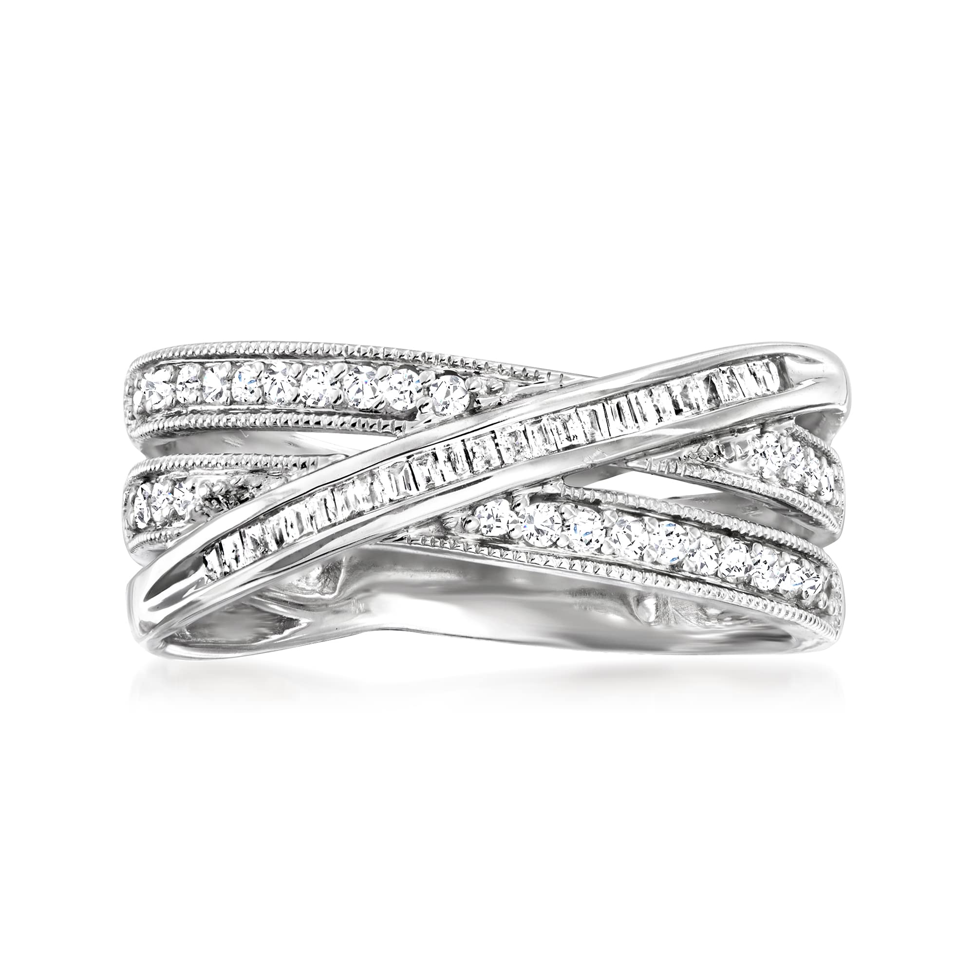 Ross-Simons 0.33 ct. t.w. Round and Baguette Diamond Crisscross Ring in Sterling Silver. Size 9