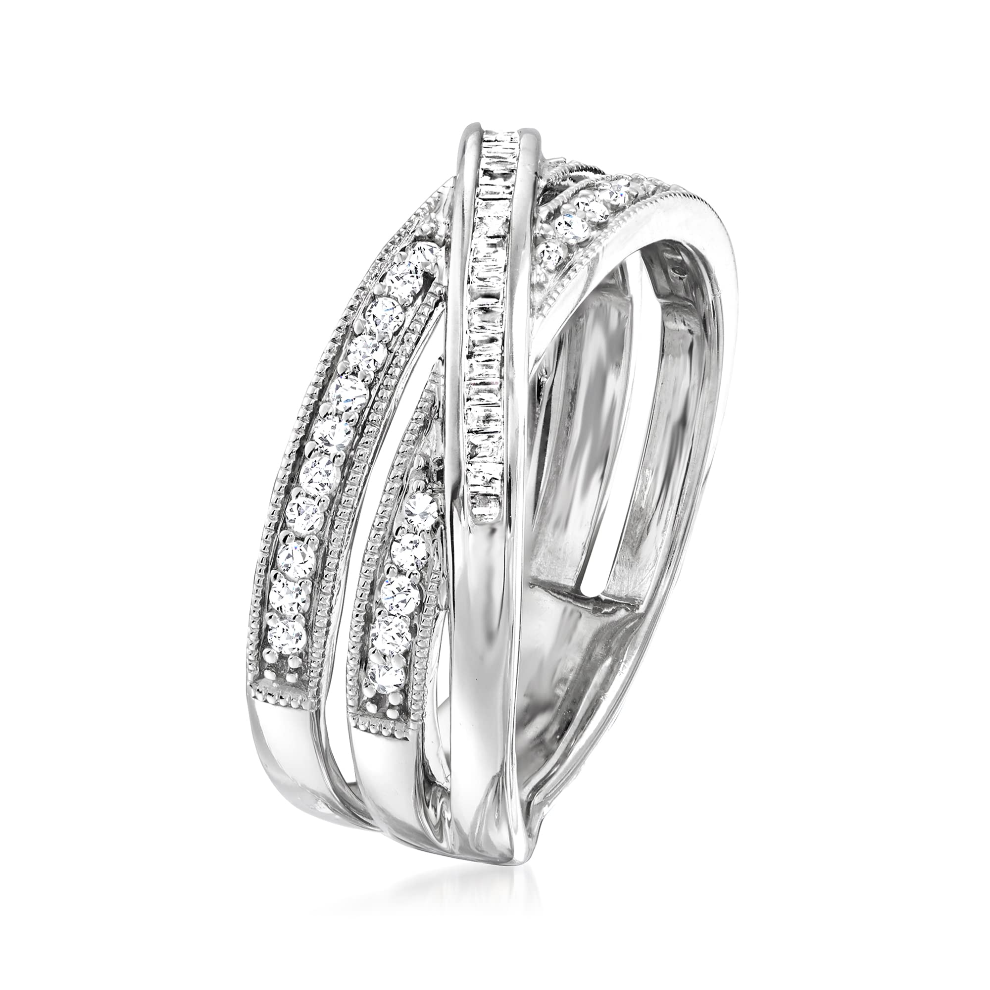 Ross-Simons 0.33 ct. t.w. Round and Baguette Diamond Crisscross Ring in Sterling Silver. Size 9