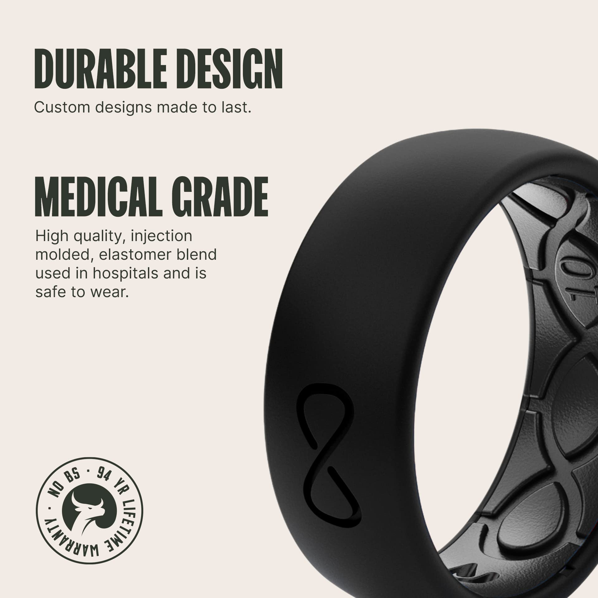 Groove Life Solid Black/Black Ring - Breathable Silicone Wedding Rings for Men, Lifetime Coverage, Unique Design, Comfort Fit Ring - Size 12