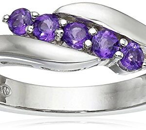 Amazon Collection Sterling Silver Genuine African Amethyst Five Stone Bypass Ring, Size 7