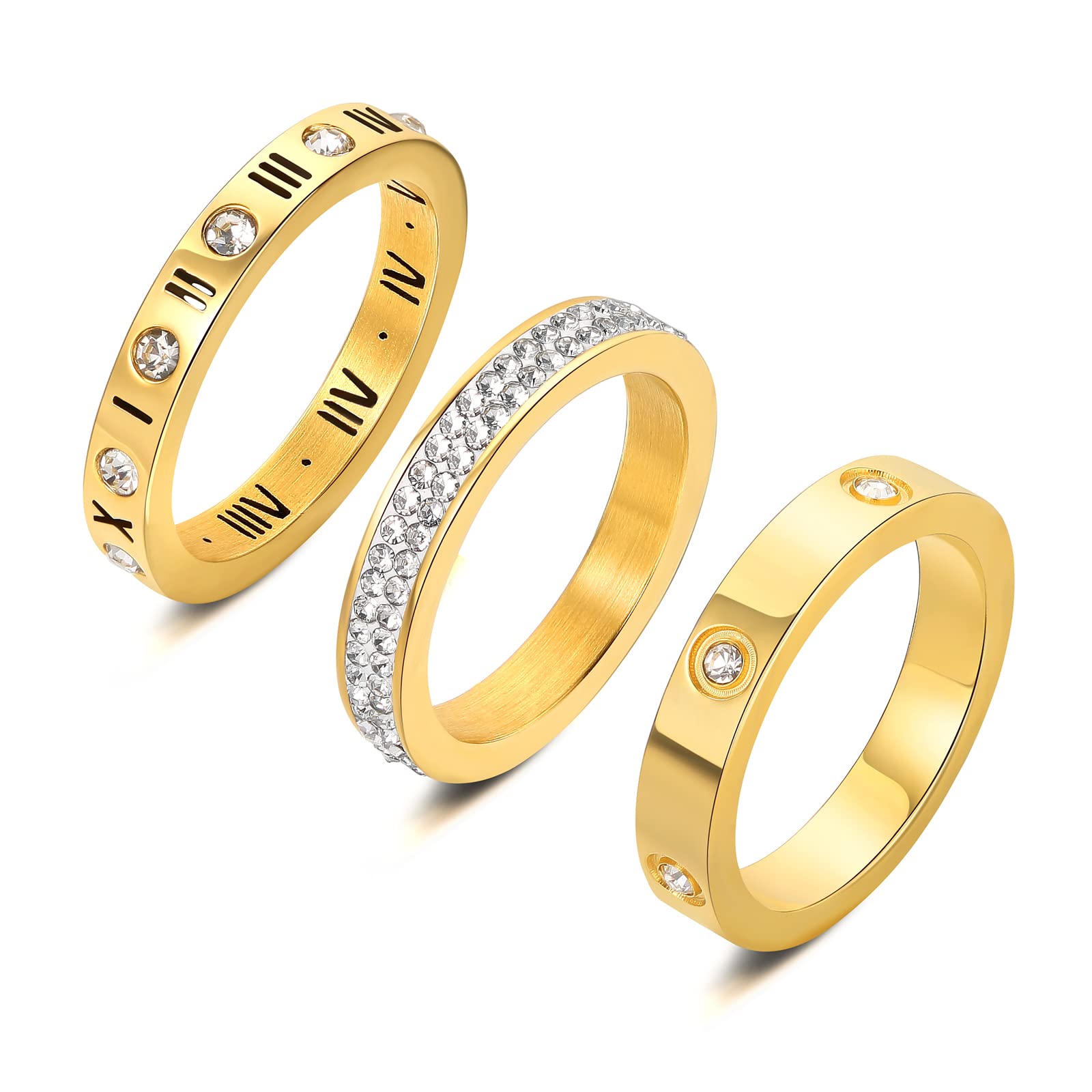 YIKOXI 3pcs Love Friendship Lucky Ring Cubic Zirconia Gold Ring Sets for Women Stainless Steel Wedding Statement Thumb Ring Bands (Gold, 7)