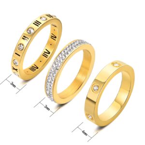 YIKOXI 3pcs Love Friendship Lucky Ring Cubic Zirconia Gold Ring Sets for Women Stainless Steel Wedding Statement Thumb Ring Bands (Gold, 7)