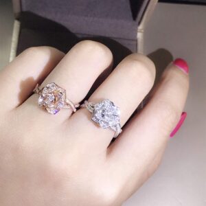 JESMING 3D Rose Ring CZ Simulated Diamond Ring Rose Gold Ring Rose Flower Ring for Women (Silver,8)