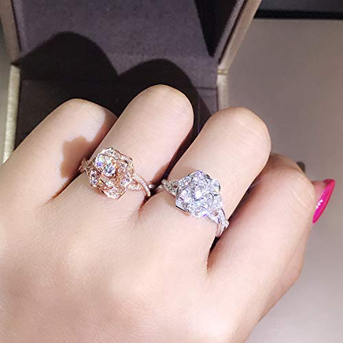 JESMING 3D Rose Ring CZ Simulated Diamond Ring Rose Gold Ring Rose Flower Ring for Women (Silver,8)