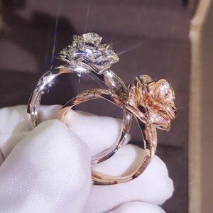 JESMING 3D Rose Ring CZ Simulated Diamond Ring Rose Gold Ring Rose Flower Ring for Women (Silver,8)