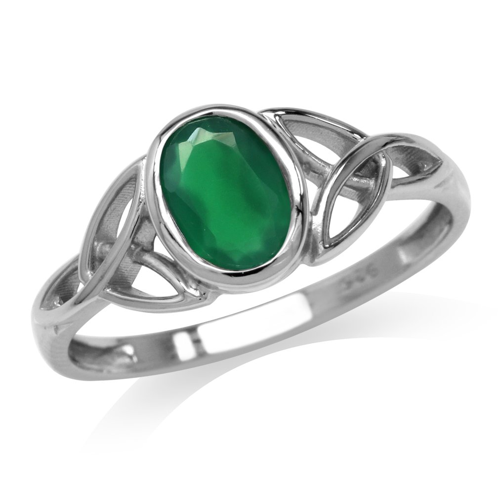 Silvershake Natural Emerald Green Agate White Gold Plated 925 Sterling Silver Triquetra Celtic Knot Ring Size 7