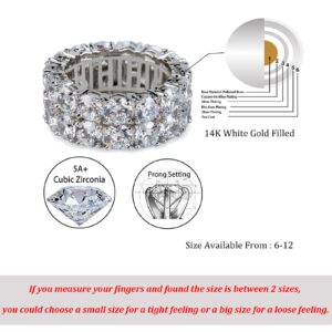 TOPGRILLZ Engagement Ring Men Gold Ring Cubic Zirconia Silver Ring Diamond Rings for Women 9mm Iced out 14K Gold Plated 2 Rows Round Cut Eternity Chunky Ring（Silver,9.5